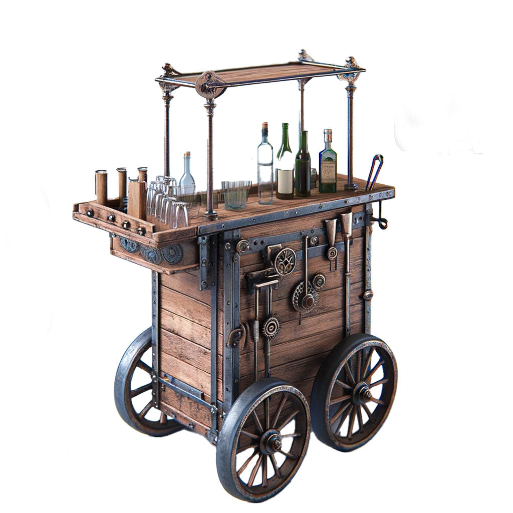 Steampunk Beverage Cart – Rustic Wood Designs and Machines